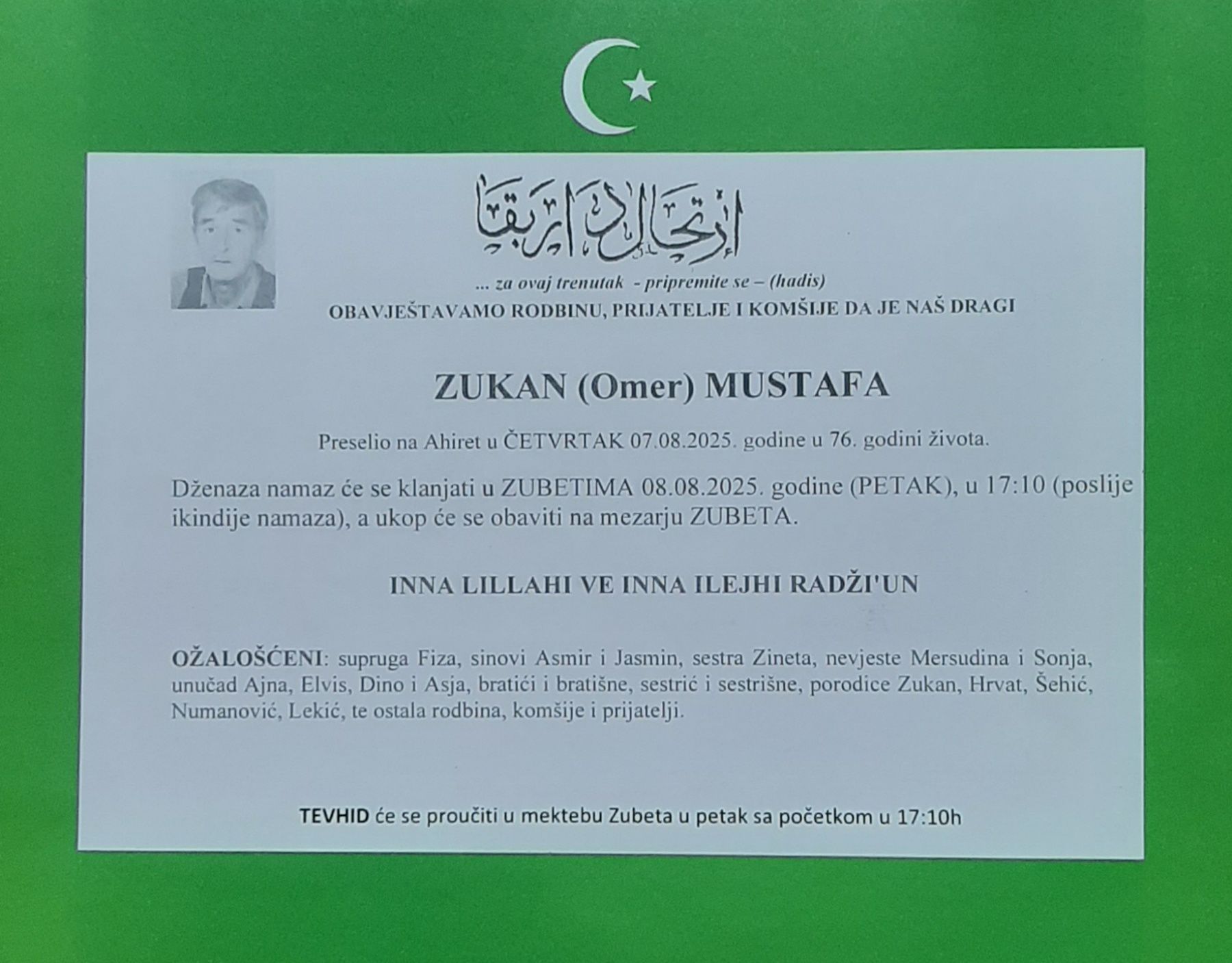 In Memoriam: Mustafa (Omer) Zukan - Vareški Vijestnik